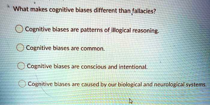 What makes cognitive biases different than fallacies? Cognitive biases are patterns of illogical ...