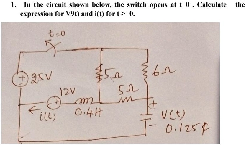 1. In the circuit shown below, the switch opens at t=0. Calculate the expression for V(t) and i ...