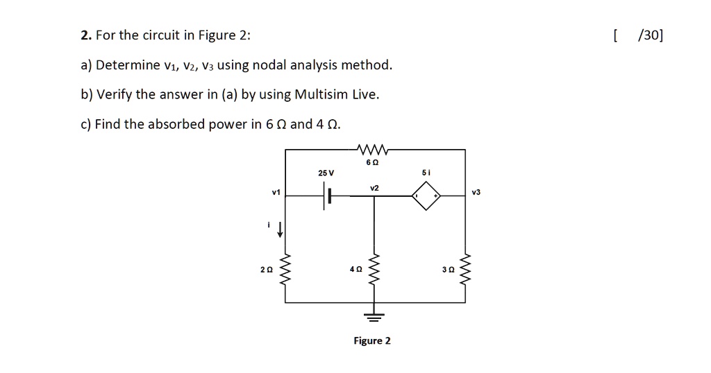 SOLVED: 2. For the circuit in Figure 2 [ /30] a) Determine V1, V2, V3 using nodal analysis ...