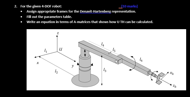2. For the given 4-DOF robot: [10 marks] * Assign appropriate frames for the Denavit-Hartenberg ...