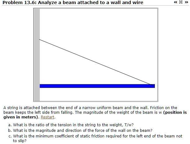 Problem 13.6: Analyze beam attached to wall and wire string is attached ...