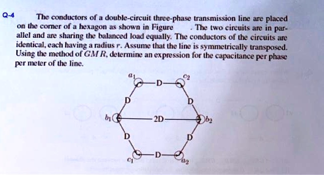 The conductors of a double-circuit three-phase transmission line are placed on the corners of a ...