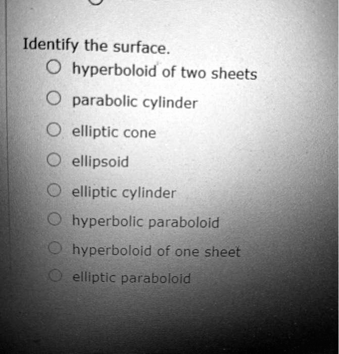 SOLVED: Identify the surface hyperboloid of two sheets parabolic ...