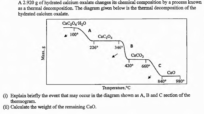 A 2.920 g of hydrated calcium oxalate changes its chemical composition ...