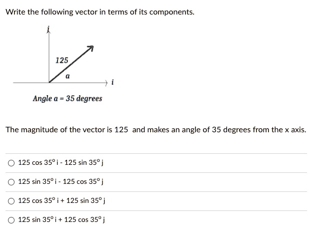 SOLVED: Write the following vector in terms of its components 125 Angle ...