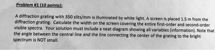 SOLVED: Problem #1 (10 points): A diffraction grating with 350 slits/mm is illuminated by white ...
