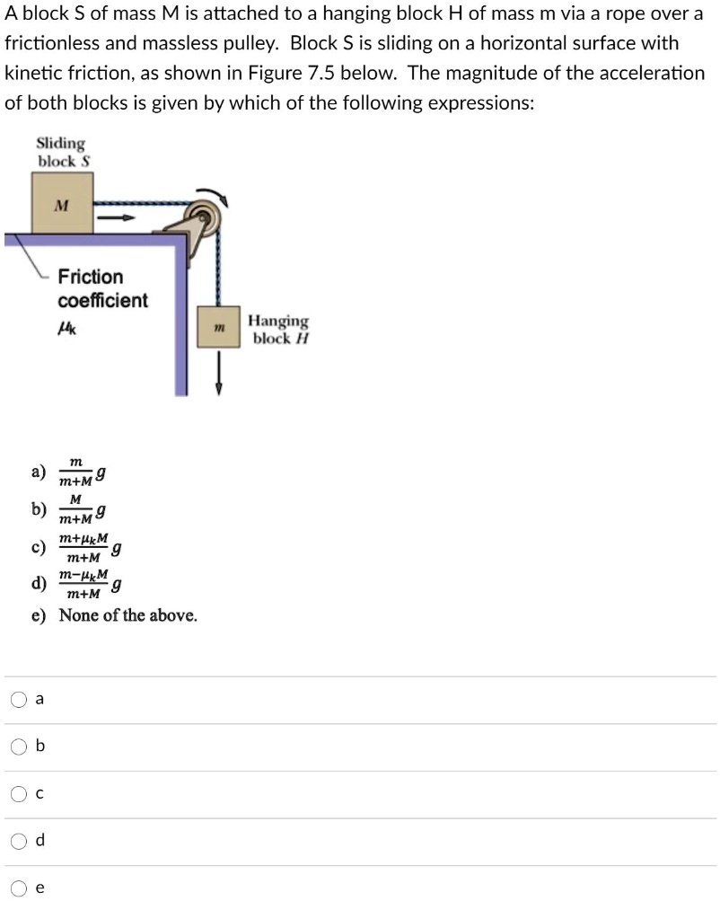 SOLVED: A block S of mass M is attached to a hanging block H of mass m ...