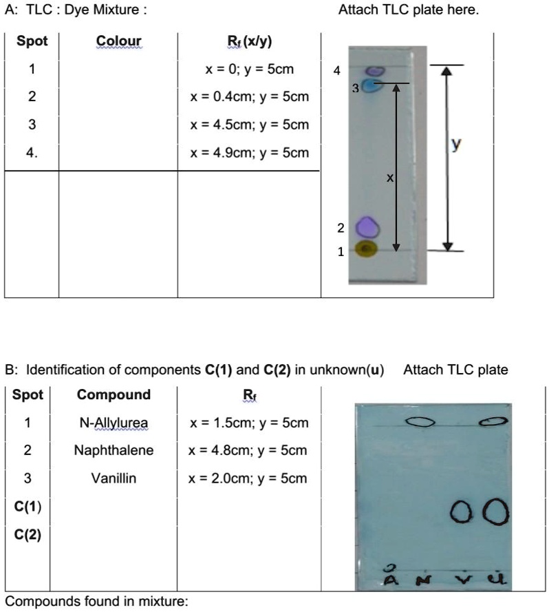 SOLVED: Title: TLC Dye Mixture Attach TLC plate here. Spot Colour Rf (x ...