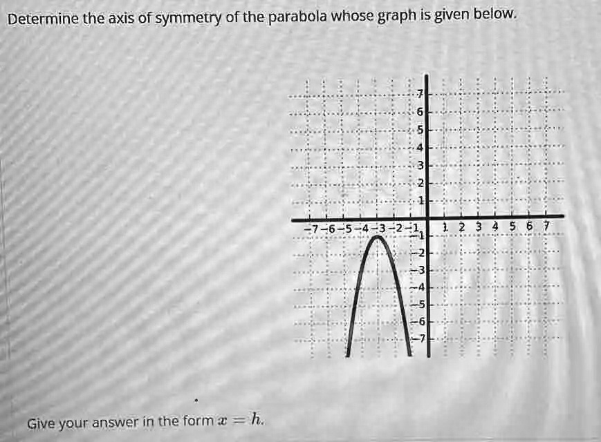 SOLVED: Determine the axis of symmetry of the parabola whose graph is given below: 4-3-2-1, 1 2 ...