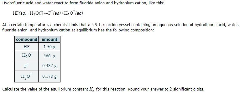 SOLVED: Hydrofluoric acid and water react to form fluoride anion and ...