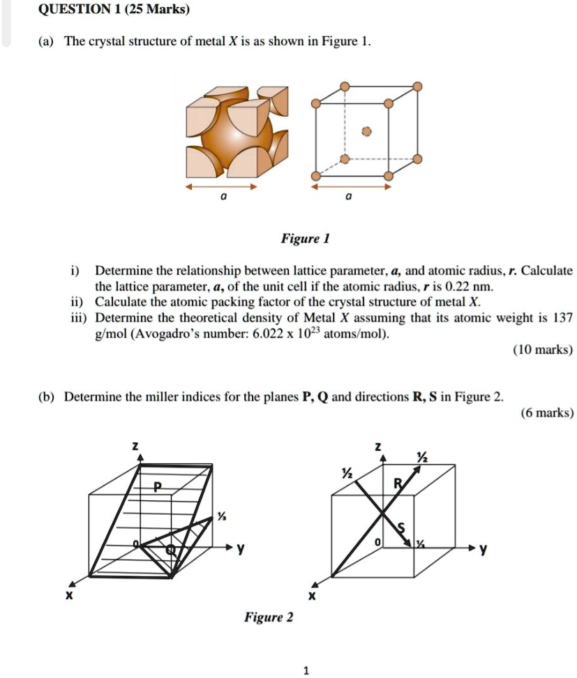 SOLVED: The crystal structure of metal X is as shown in Figure 1. i) Determine the relationship ...