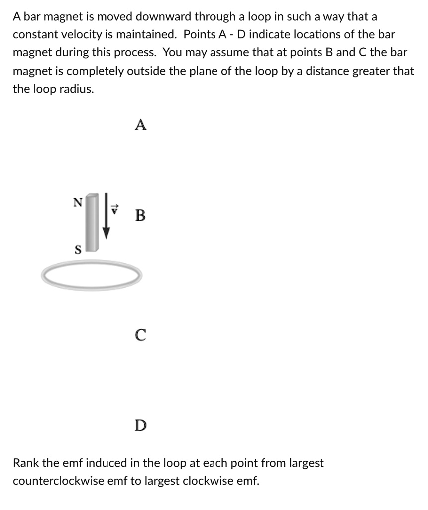 A bar magnet is moved downward through a loop in such a way that a ...