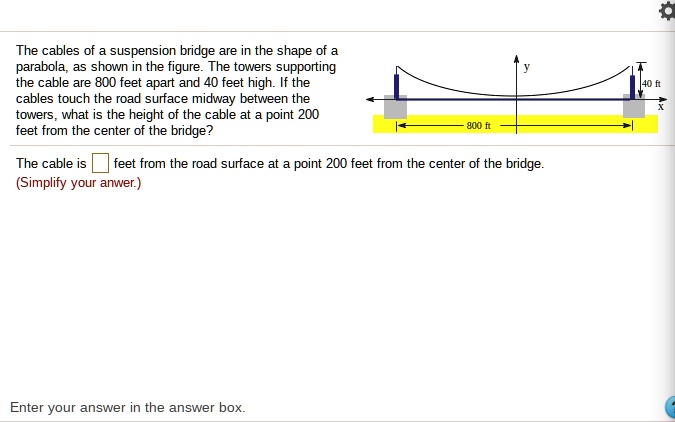 the cables of suspension bridge are in the shape of parabola as shown ...