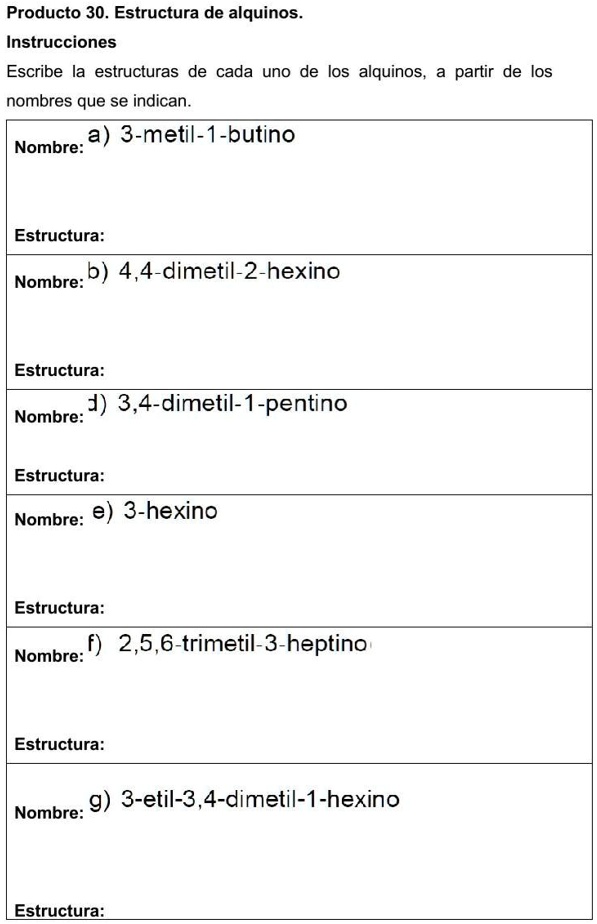 SOLVED: Escribe la estructuras de cada uno de los alquinos, a partir de ...