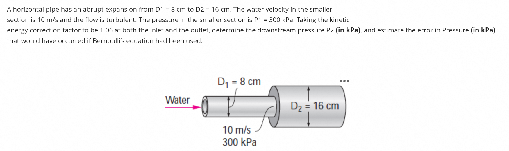 A horizontal pipe has an abrupt expansion from D1 =8 cm to D 2=16 cm ...