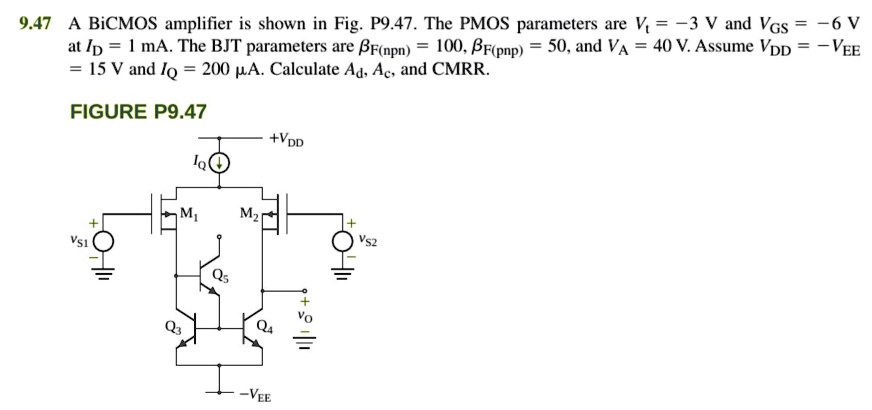 9.47 A BICMOS amplifier is shown in Fig. P9.47. The PMOS...