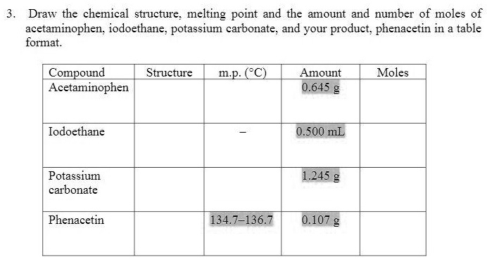 SOLVED:Draw the chemical structure melting point and the amount and ...