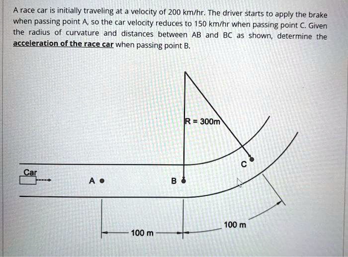A race car is initially traveling at a velocity of 200 km/hr. The ...