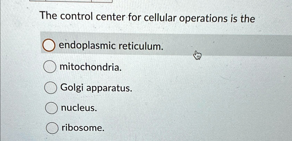 The control center for cellular operations is the endoplasmic reticulum. mitochondria. Golgi ...