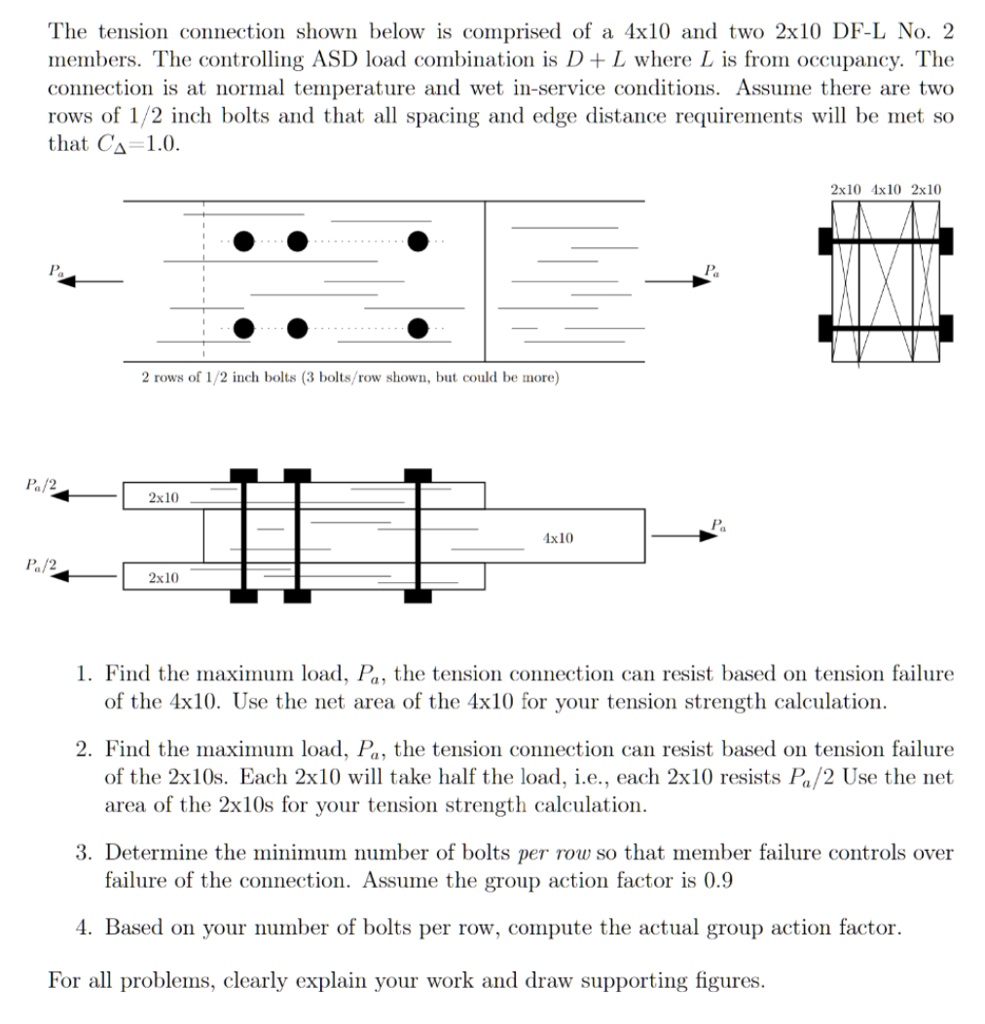 SOLVED: The tension connection shown below is comprised of a 4x10 and ...
