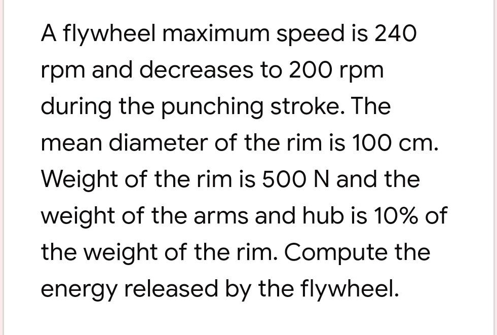A flywheel maximum speed is 240 rpm and decreases to 200 rpm during the ...