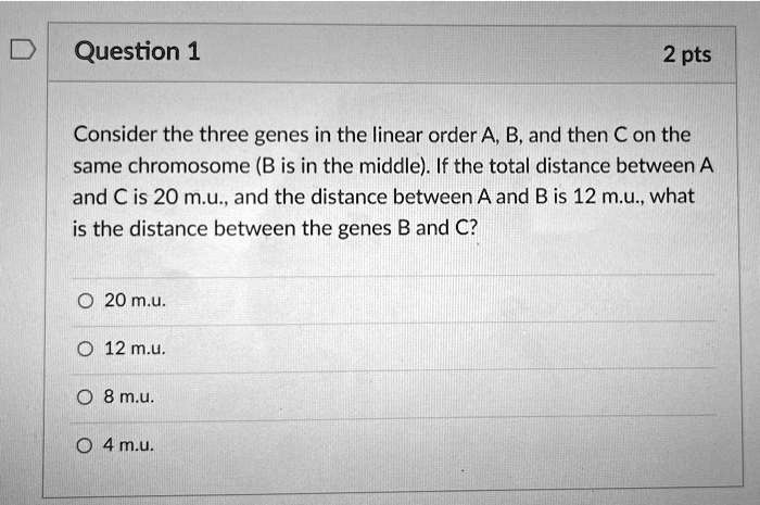 SOLVED: Question 1 2 pts Consider the three genes in the linear order A, B, and then Con the ...