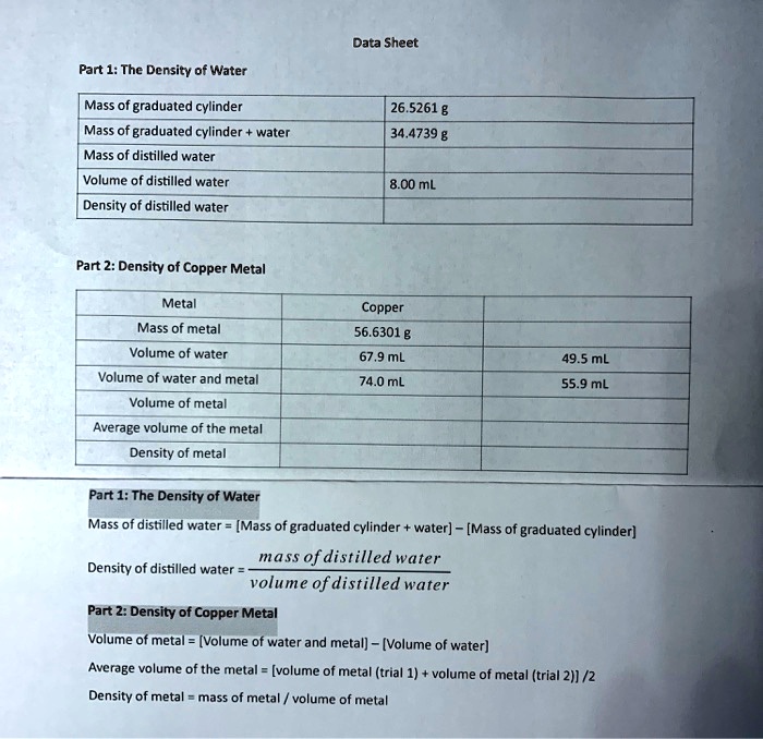 SOLVED: Text: Data Sheet Part 1: The Density of Water Mass of graduated ...
