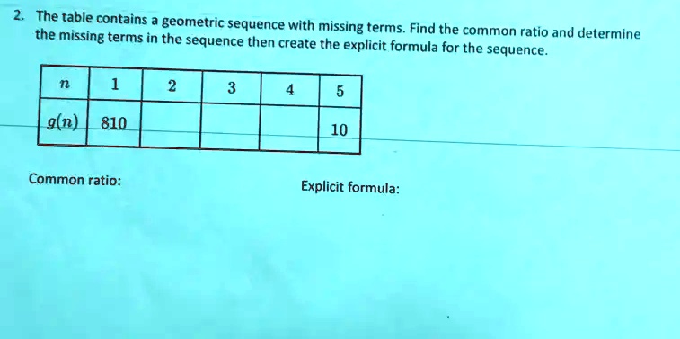 SOLVED: The table contains geometric the sequence with missing terms. Find the common ratio and ...