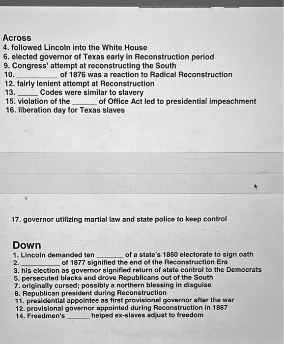 SOLVED: Across 4. followed Lincoln into the White House 6. elected ...