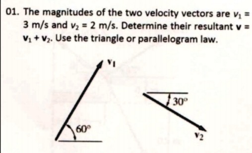 SOLVED: 01. The magnitudes of the two velocity vectors are Vi 3 m/s and Vz = 2 m/s. Determine ...