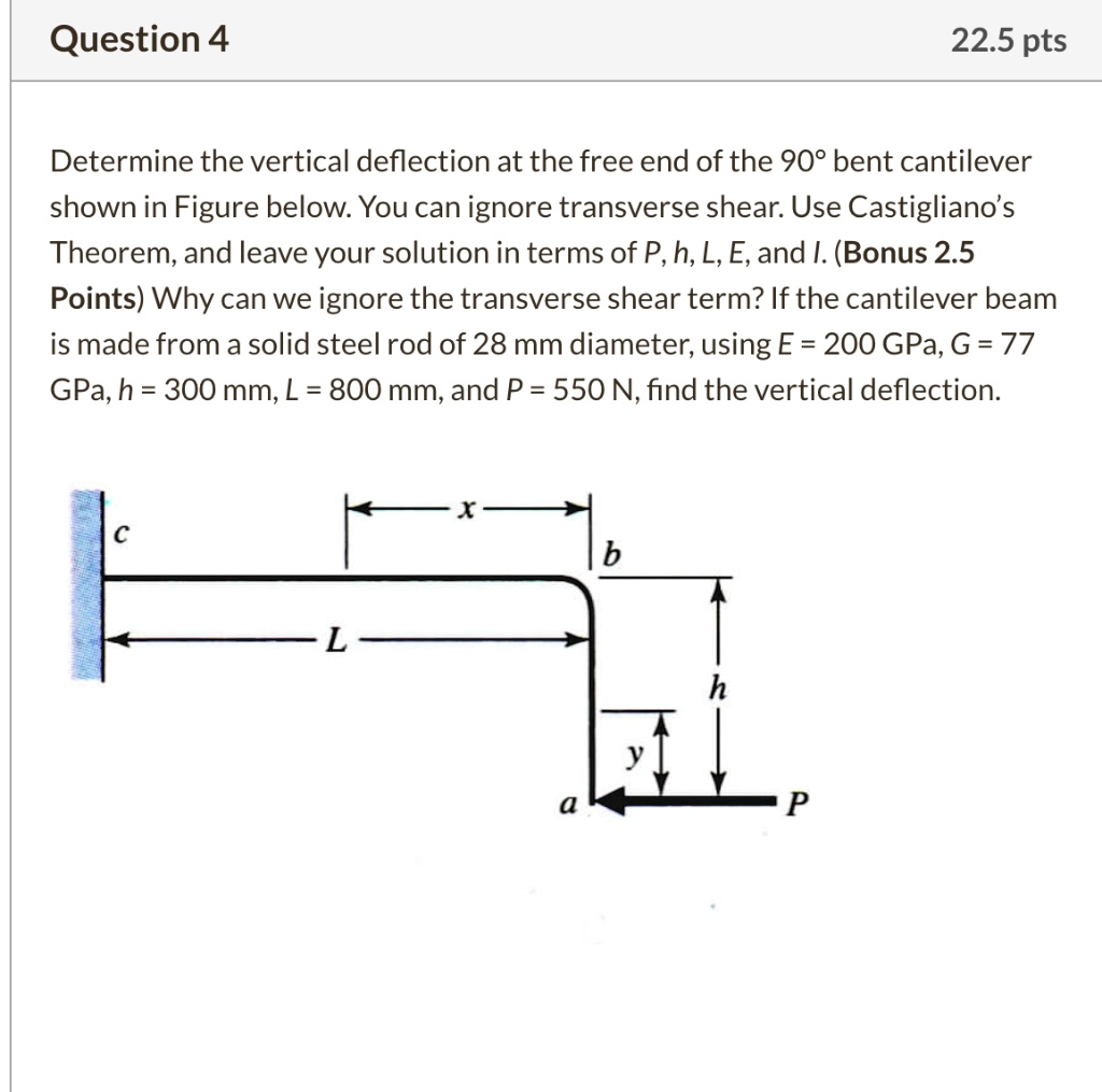 Question 4 22.5 pts Determine the vertical deflection at the free end ...