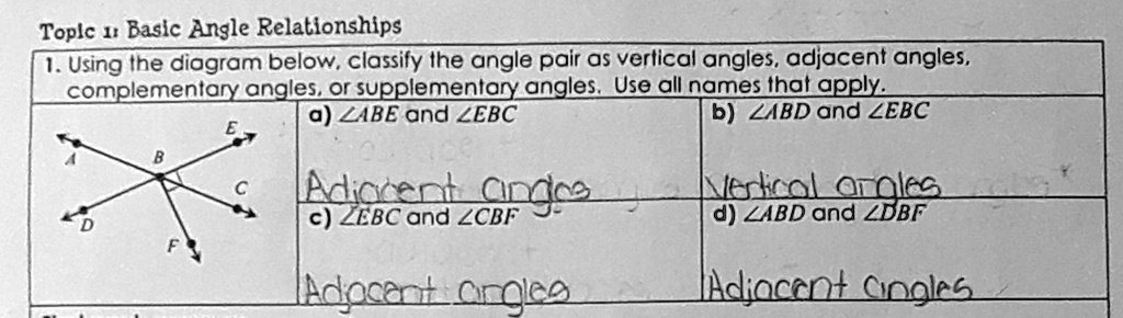 SOLVED: Using the diagram below, classify the angle pair as vertical angles, adjacent angles ...
