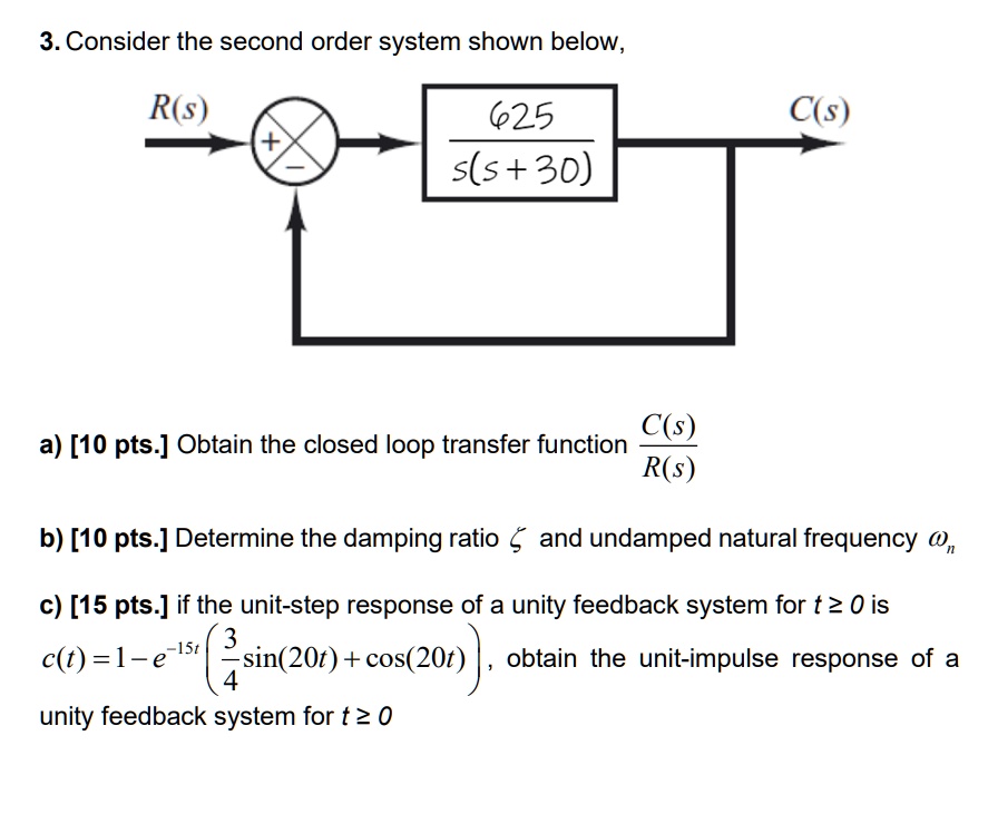 SOLVED: 3. Consider the second order system shown below, R(s) 625 C(s) s(s+3O) C(s) a) [10 pts ...