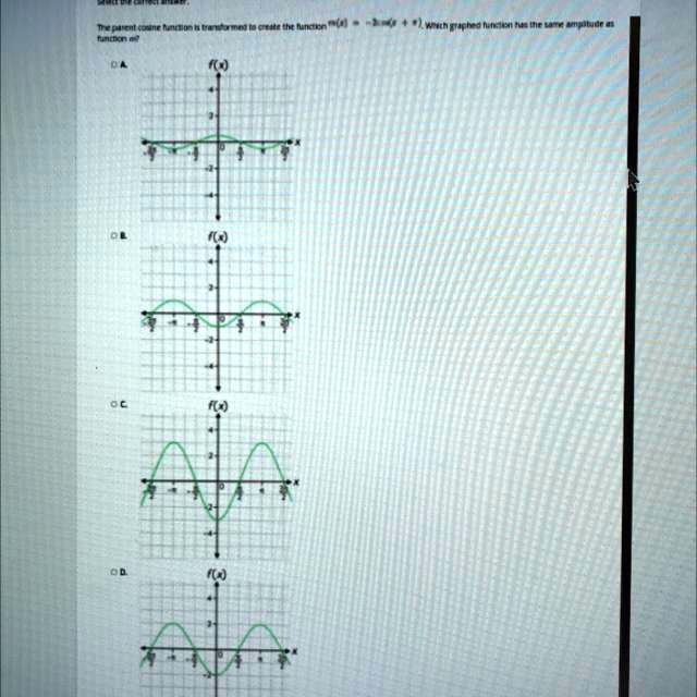The parent cosine function is transformed to create the function f(x ...