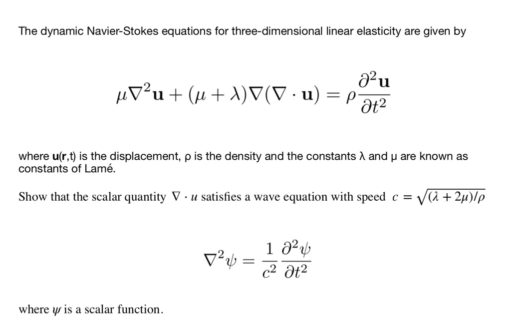 The dynamic Navier-Stokes equations for three-dimensional linear elasticity are given by μ∇^2 𝐮 ...