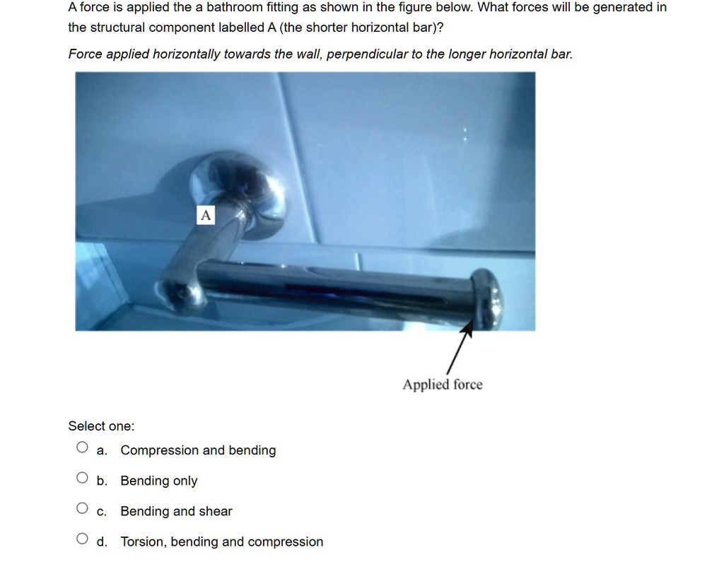 A force is applied the a bathroom fitting as shown in the figure below ...