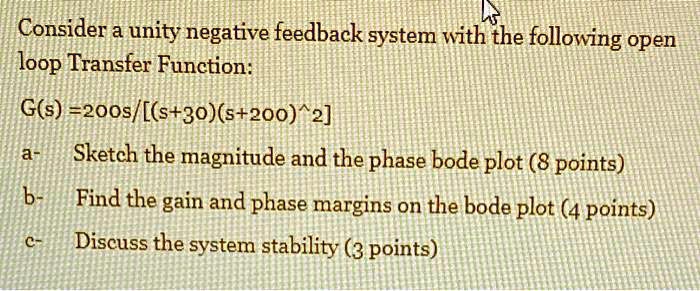 Consider a unity negative feedback system with the following open loop Transfer Function: G(s ...