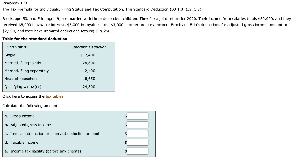 [GET ANSWER] Problem 1-9 The Tax Formula for Individuals, Filing Status ...