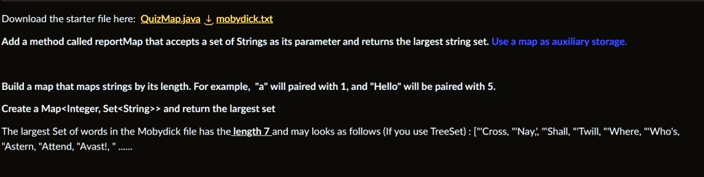 [GET ANSWER] Download the starter file here: QuizMap.java mobydick.txt ...