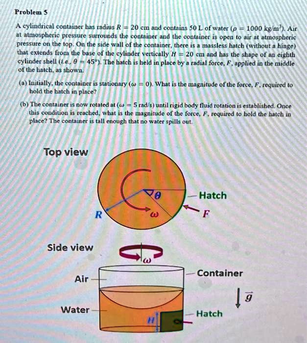 SOLVED: Problem 5: A cylindrical container has radius R = 20 cm and contains 50 L of water (p ...