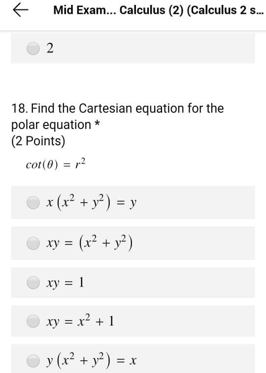 SOLVED:Mid Exam__ Calculus (2) (Calculus 2 s_ 2 18.Find the Cartesian ...