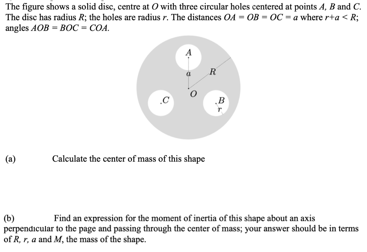 The figure shows a solid disc, centre at O with three circular holes ...