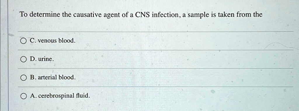 To determine the causative agent of a CNS infection, a sample is taken ...