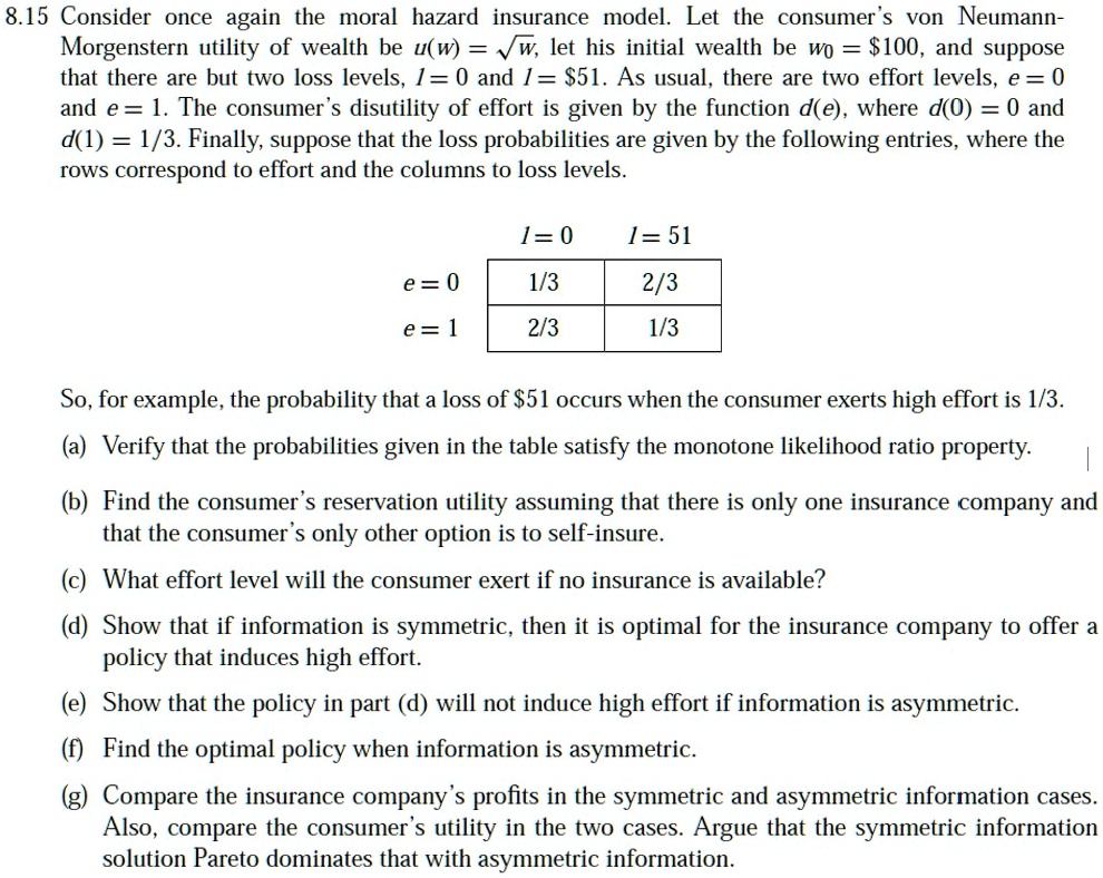 8.15 Consider once again the moral hazard insurance model. Let the ...