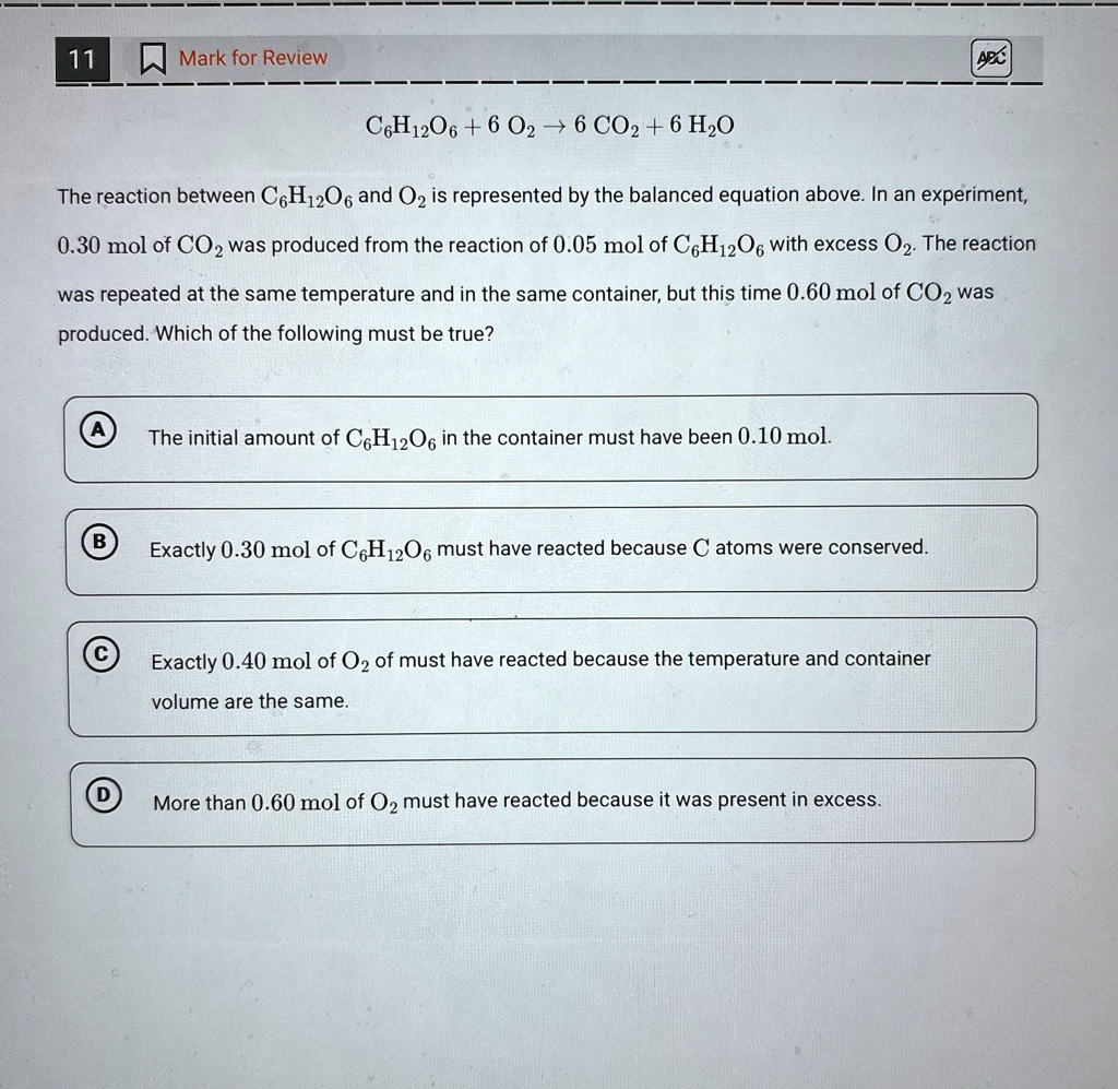 c6h12o6 6o2 rightarrow 6co2 6h2o the reaction between c6h12o6 and o2 is ...