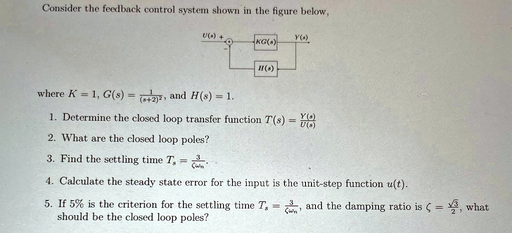 Consider the feedback control system shown in the figure below, where K=1,G(s)=(1)/((s+2)^(2 ...