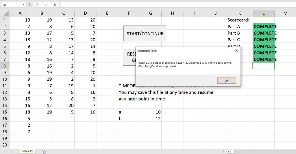 insert a 3x2 block of cells into rows 4 6 columns bc shifting cells down scorecard part a ...