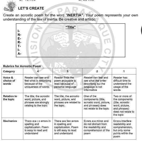 Patulong naman po nito pls. LET'S CREATE PAR Create an acrostic poem ...