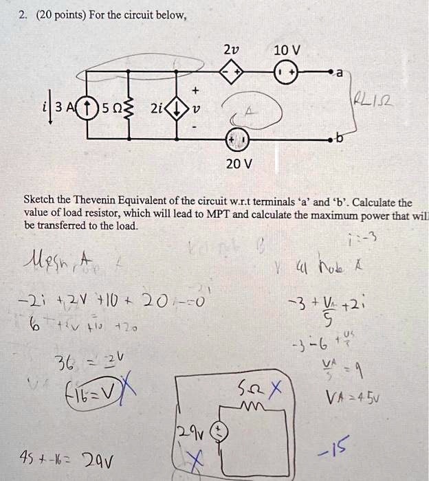 [GET ANSWER] 2. (20 points) For the circuit below, 2v 10 V a +i 3 A 5 ...