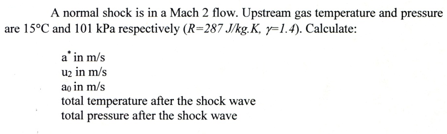 A normal shock is in a Mach 2 flow. Upstream gas temperature and ...